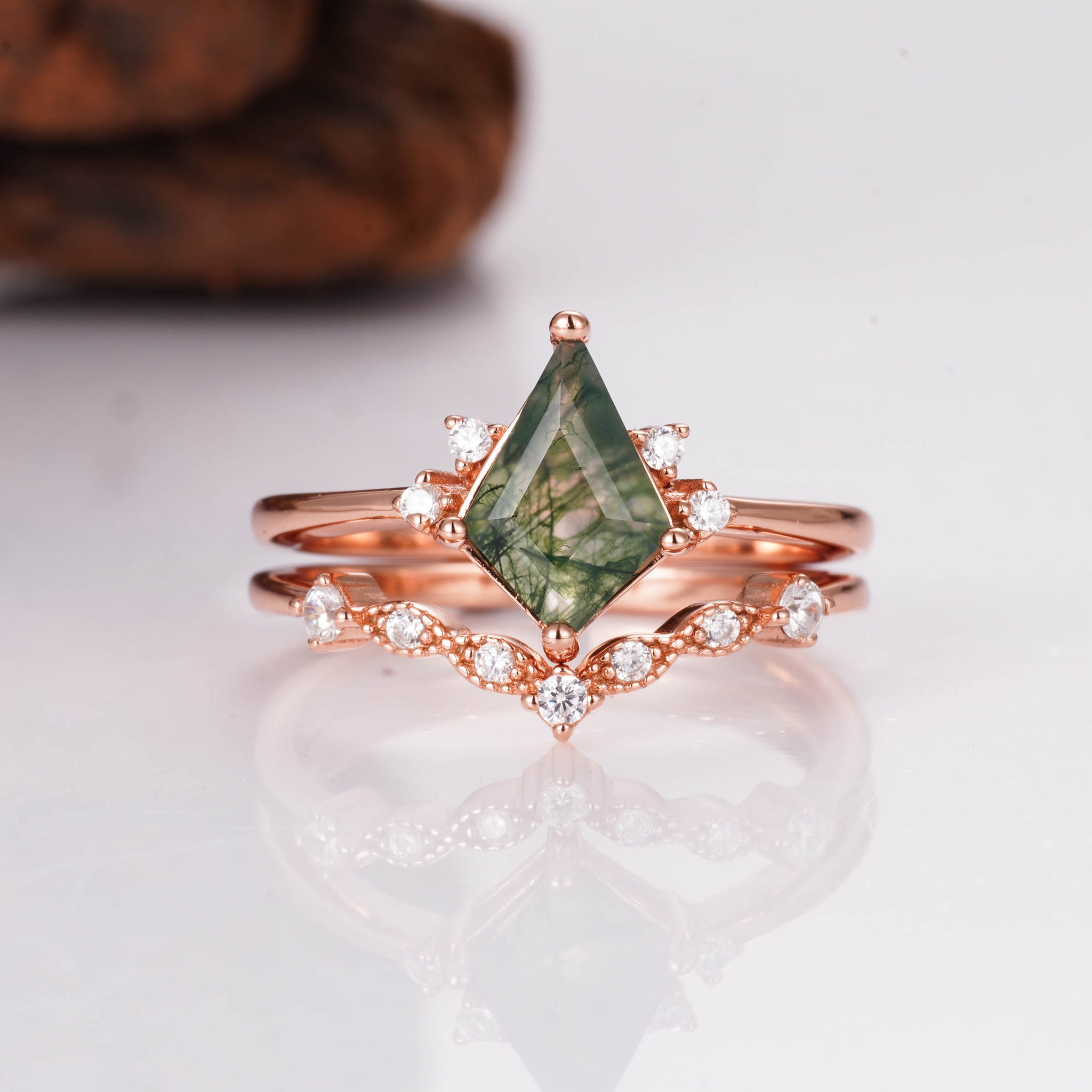 Moss Agate Ring Set Rose Gold | Rose Gold And Water Agate Ring Set
